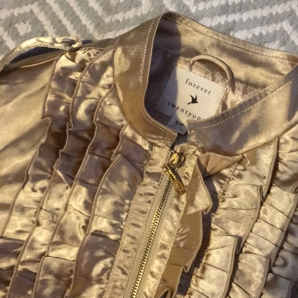 Jackets & Coats | Gold Satin Ruffled Zip Front Smocked Waist Jacket ...